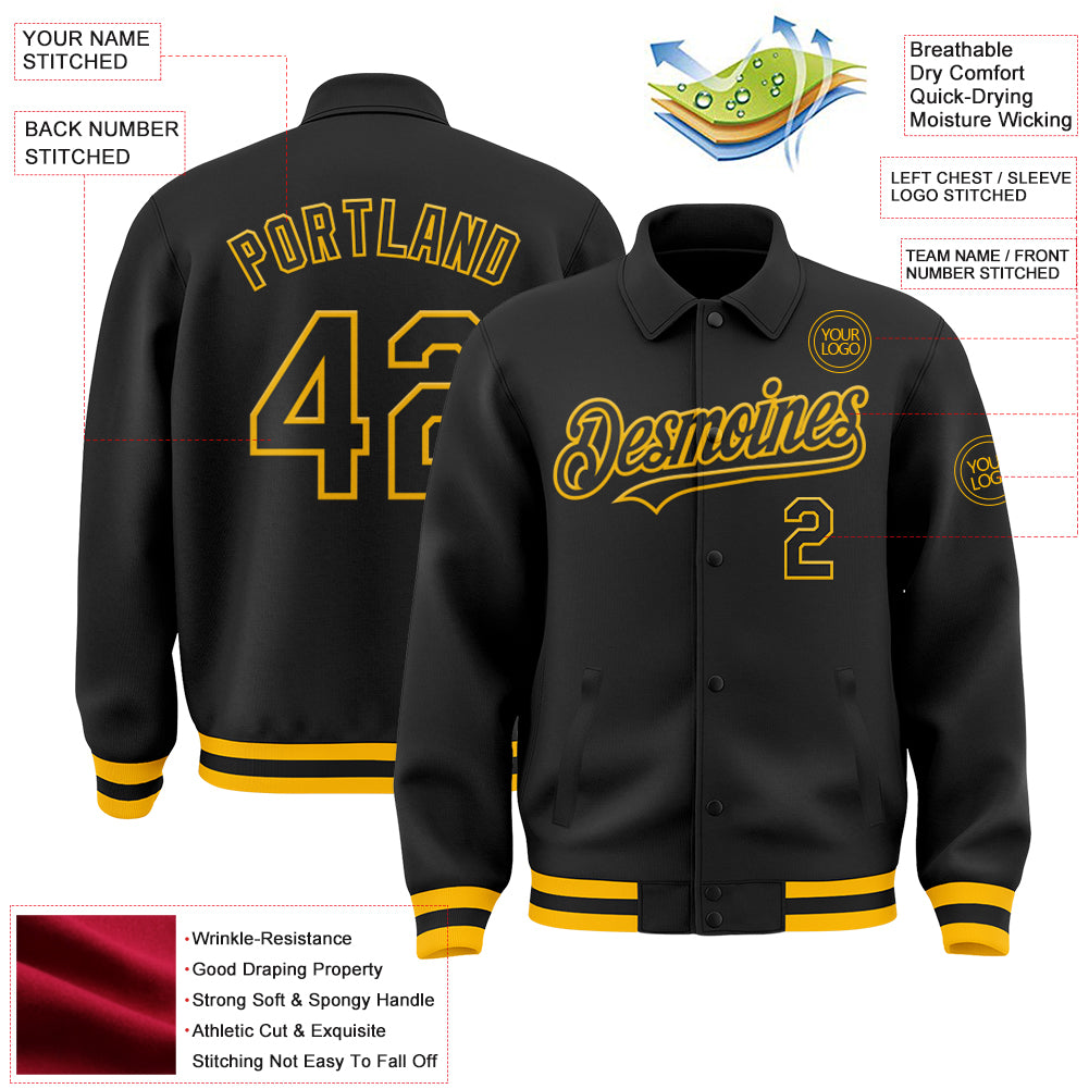 Custom Black Gold Bomber Full-Snap Varsity Letterman Lapel Collar Byron ...