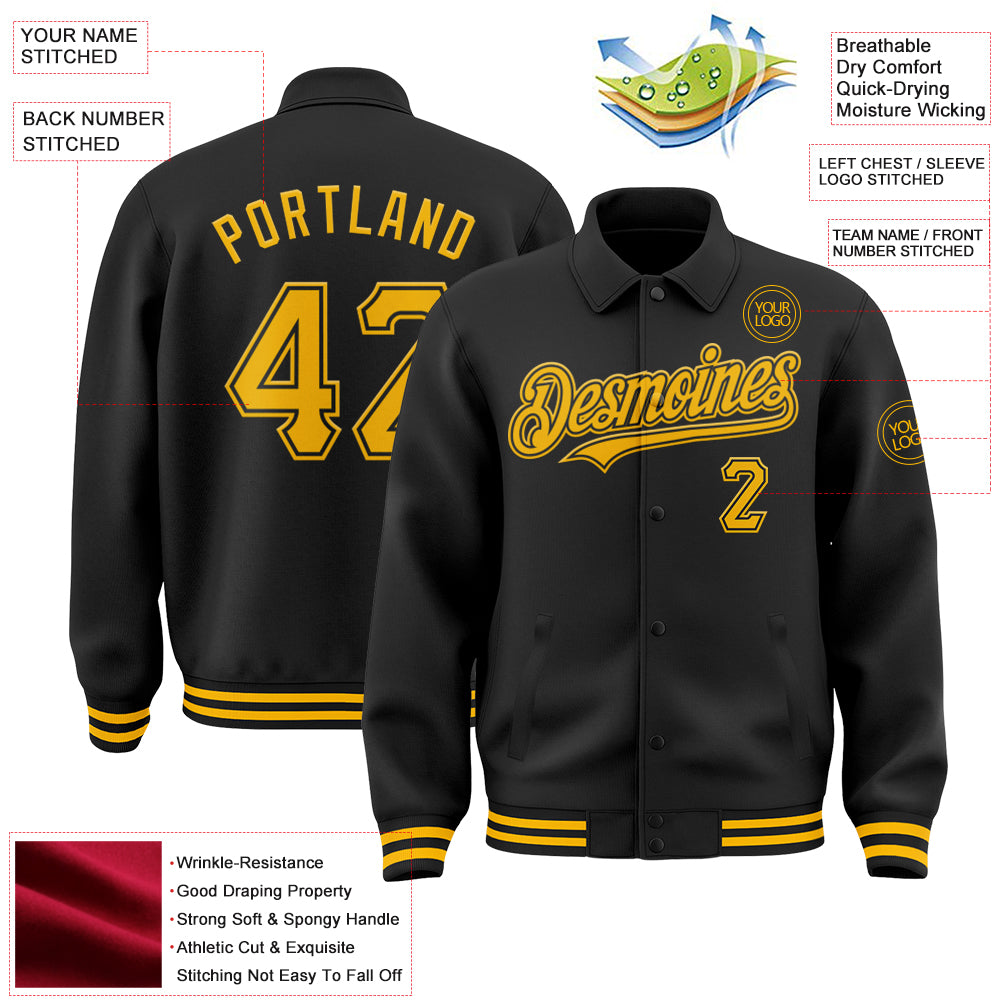 Custom Black Gold Bomber Full-Snap Varsity Letterman Lapel Collar Byron ...