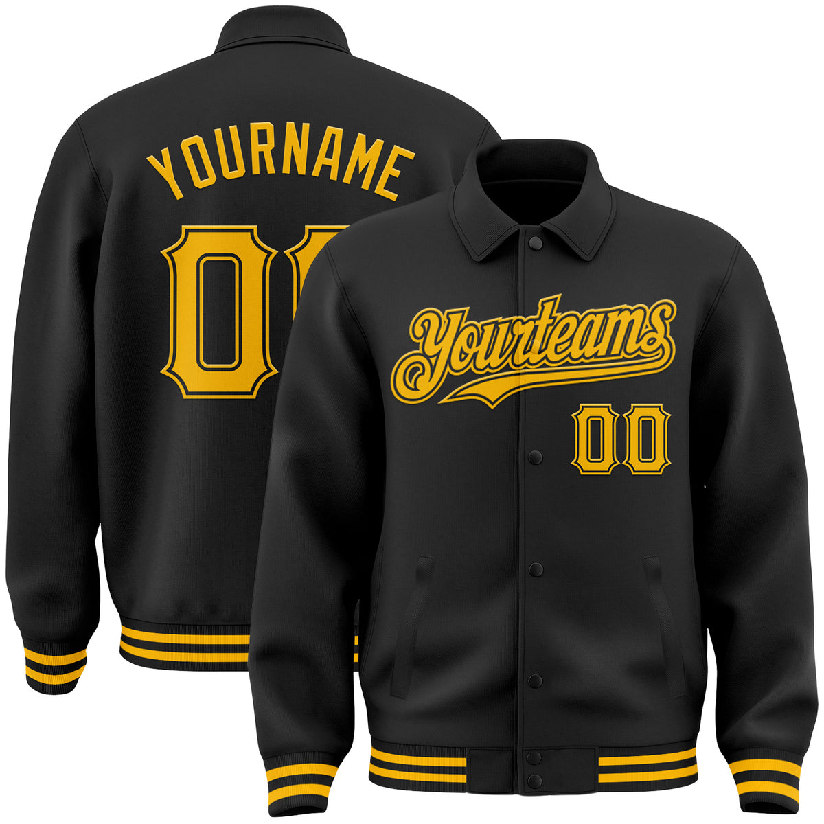 Custom Black Gold Bomber Full-Snap Varsity Letterman Lapel Collar Byron ...