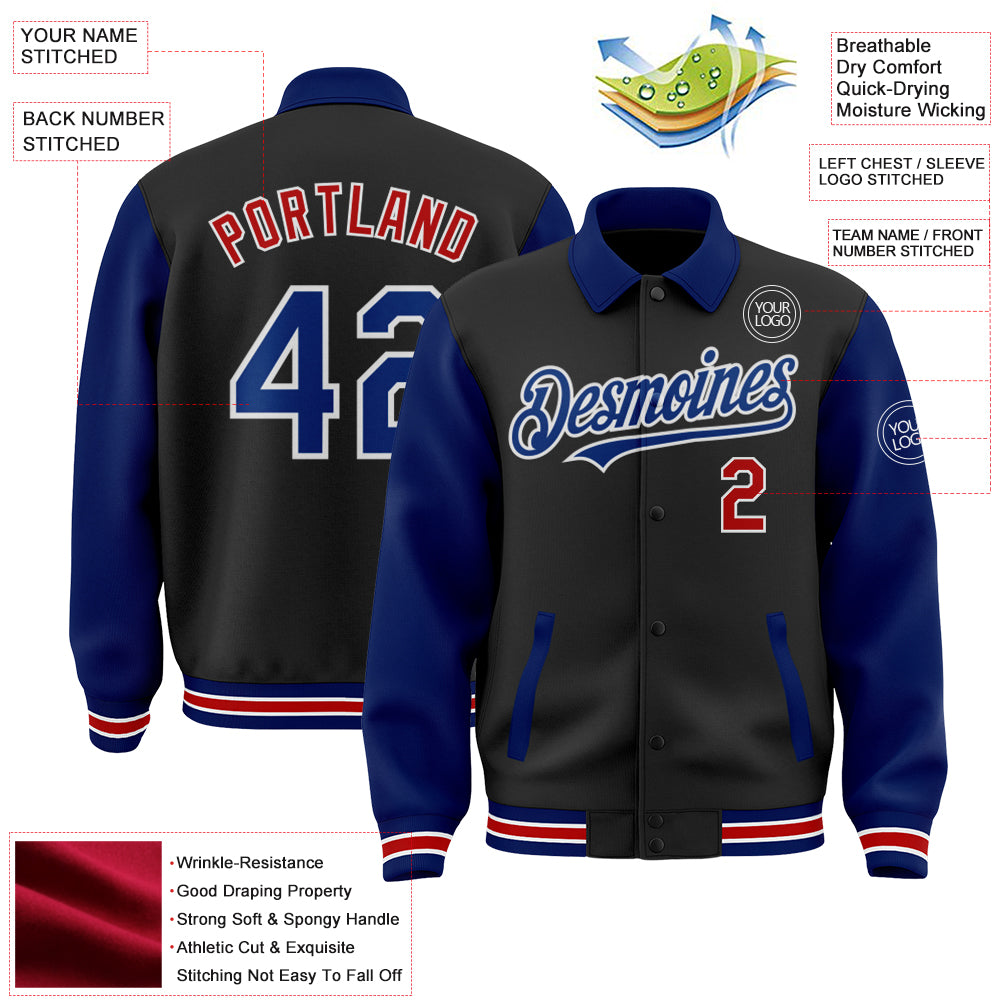 Custom Black Royal-Red Bomber Full-Snap Varsity Letterman Two Tone ...