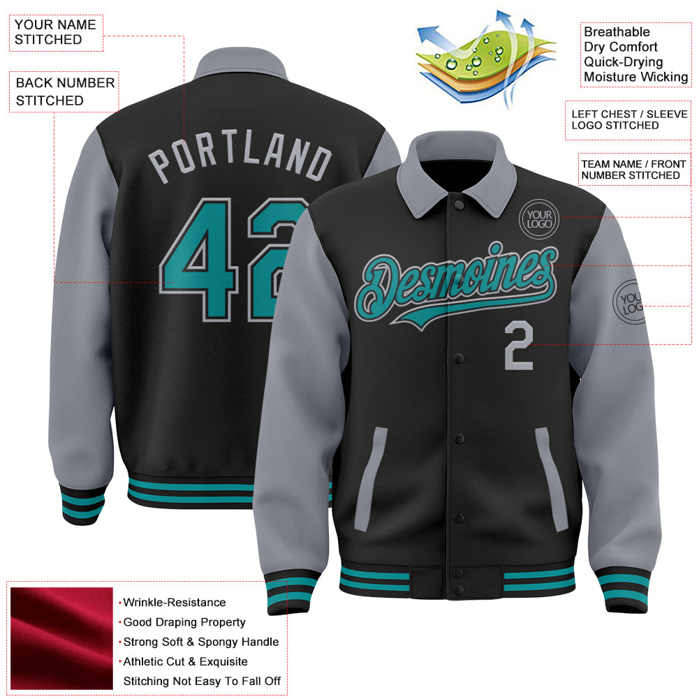 Custom Black Teal-Gray Bomber Full-Snap Varsity Letterman Two Tone ...