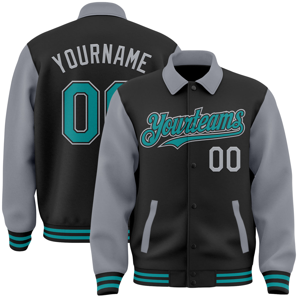 Custom Black Teal-Gray Bomber Full-Snap Varsity Letterman Two Tone ...