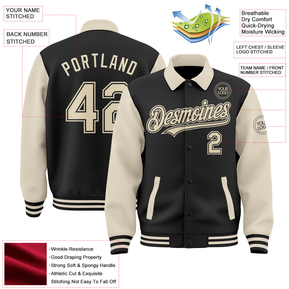 Custom Black Cream Bomber Full-Snap Varsity Letterman Two Tone Lapel ...