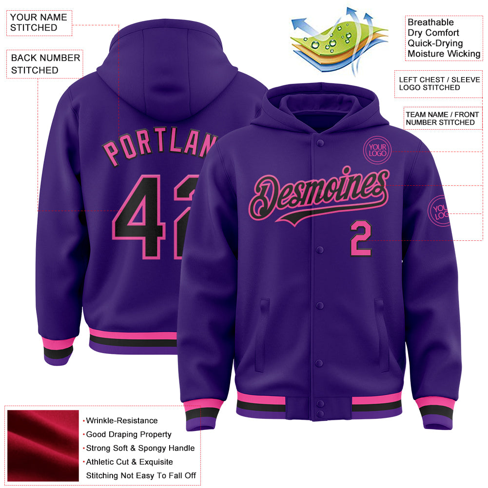 Custom Purple Black-Pink Bomber Full-Snap Varsity Letterman Hoodie ...