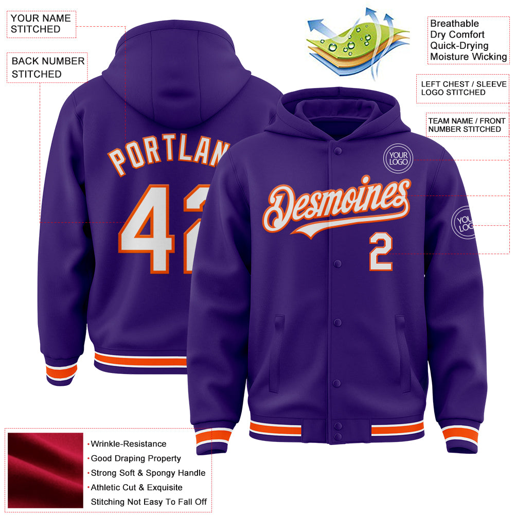 Custom Purple White-Orange Bomber Full-Snap Varsity Letterman Hoodie ...