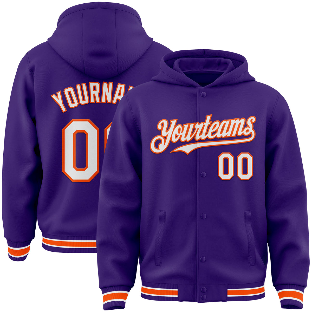 Custom Purple White-Orange Bomber Full-Snap Varsity Letterman Hoodie ...
