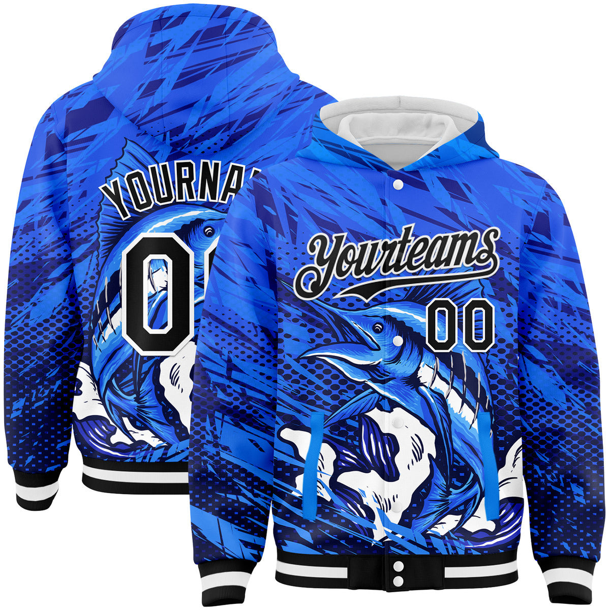 Custom Royal Black-White Marlin Fish Fishing 3D Bomber Full-Snap ...