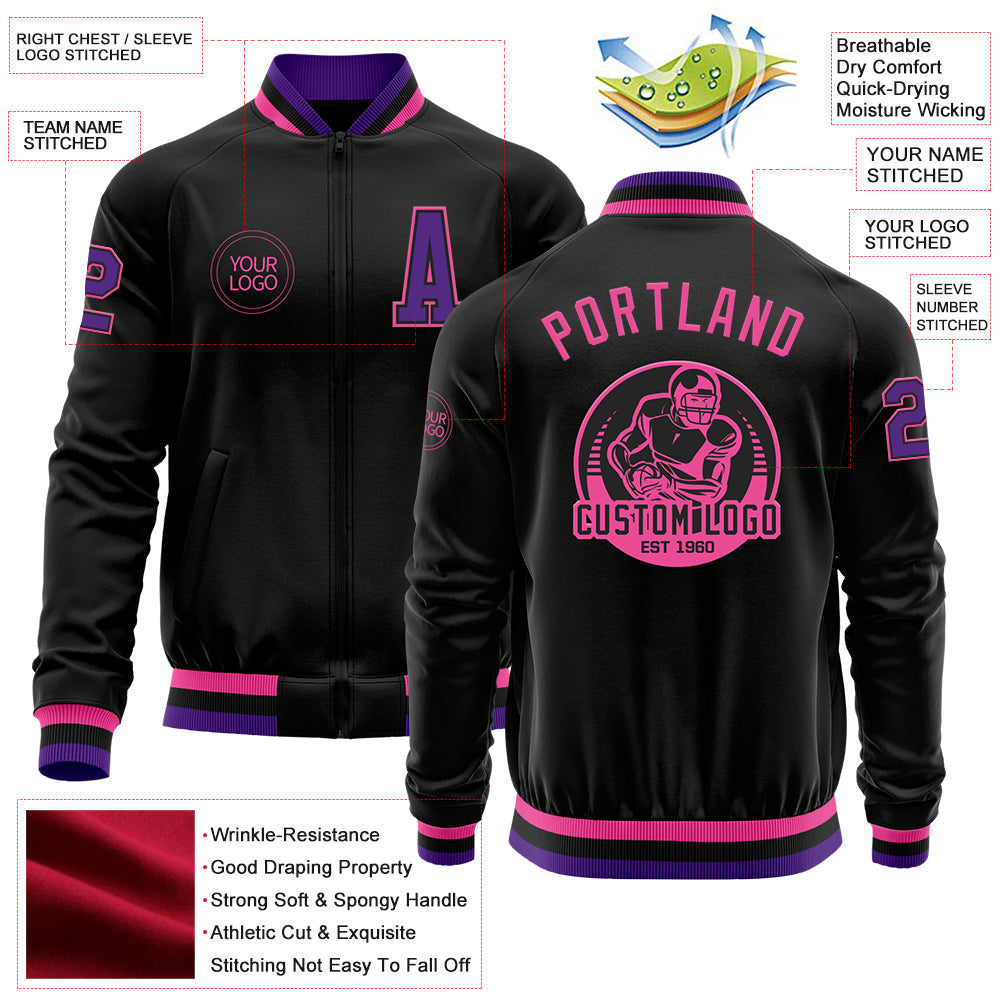 Custom Black Purple-Pink Bomber Varsity Letterman Zipper Jacket Free ...