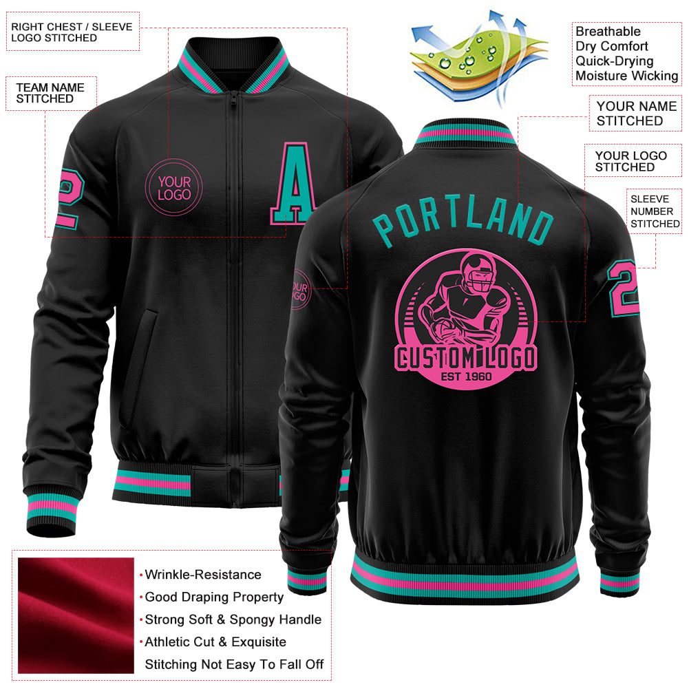 Custom Black Aqua-Pink Bomber Varsity Letterman Zipper Jacket Free ...