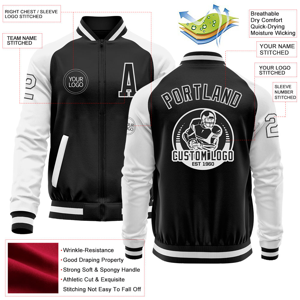 Custom Black White Bomber Varsity Letterman Two Tone Zipper Jacket Free ...