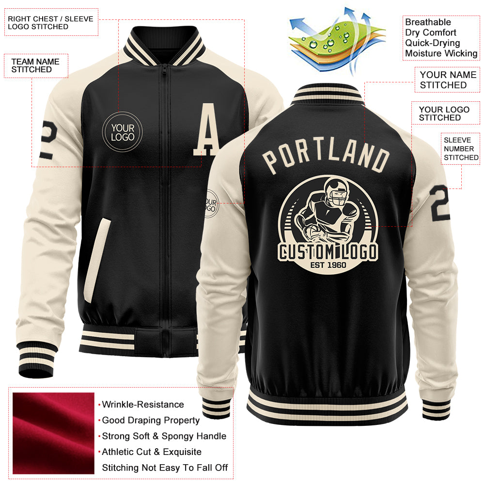 Custom Black Cream Bomber Varsity Letterman Two Tone Zipper Jacket Free ...
