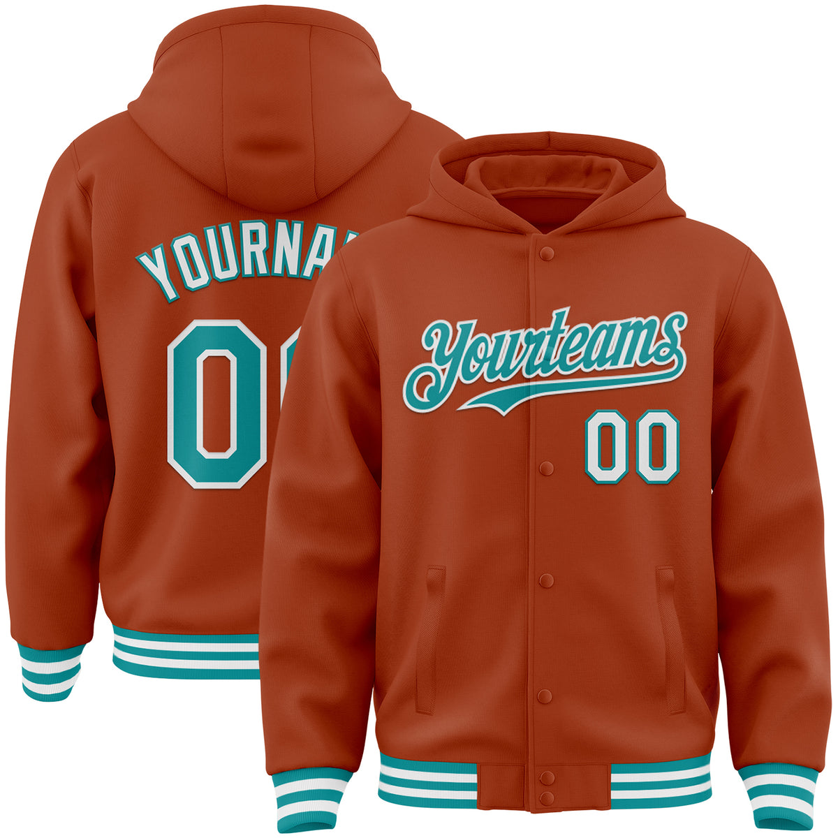 Custom Texas Orange Teal-White Bomber Full-Snap Varsity Letterman ...