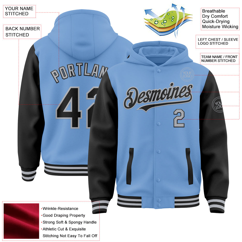 Custom Light Blue Black-Gray Bomber Full-Snap Varsity Letterman Two ...