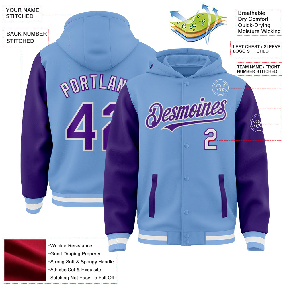 Custom Light Blue Purple-White Bomber Full-Snap Varsity Letterman Two ...