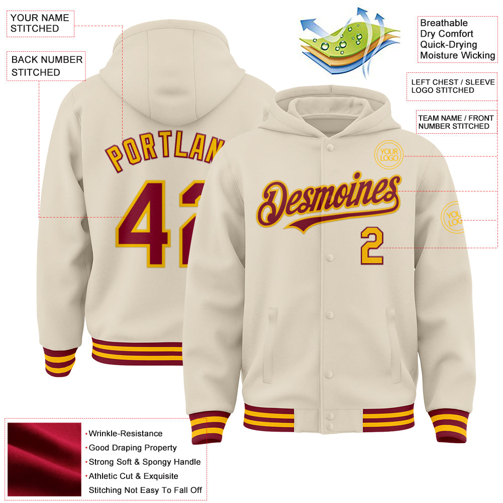 Custom Cream Crimson-Gold Bomber Full-Snap Varsity Letterman Hoodie ...