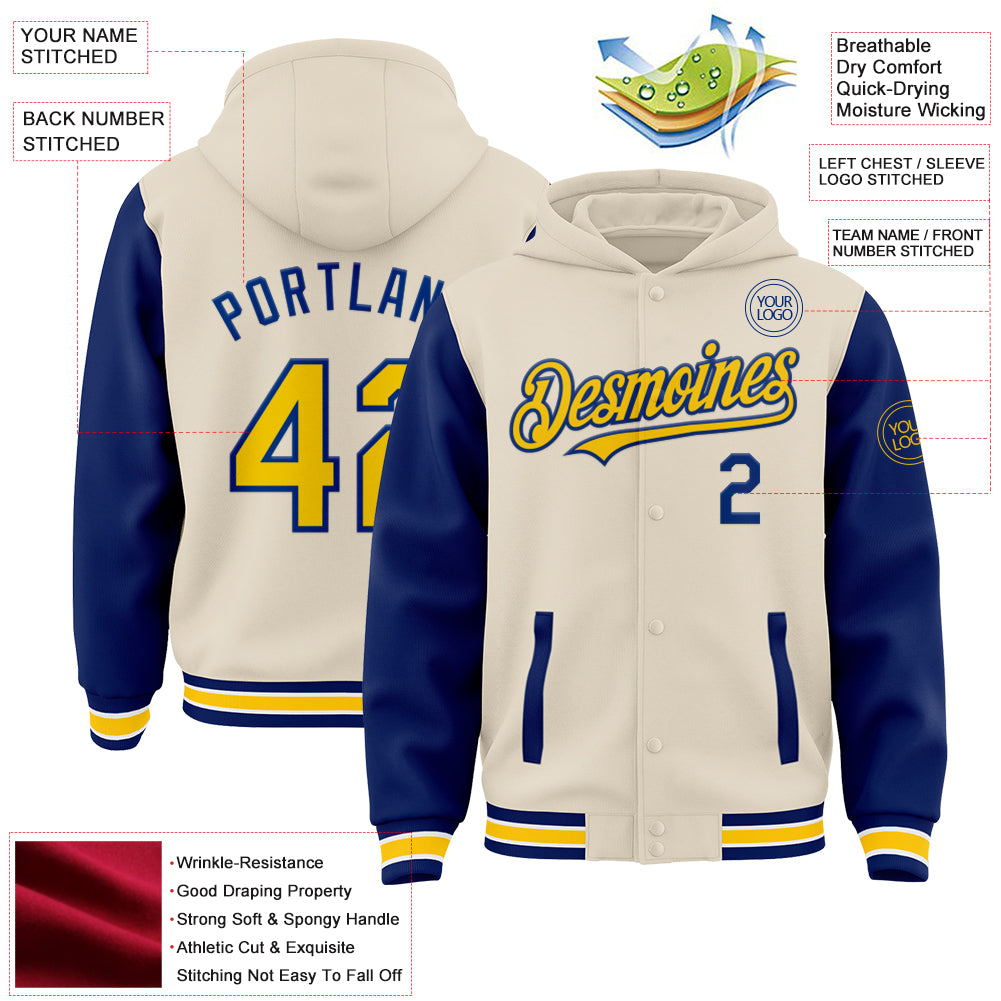 Custom Cream Yellow Royal-White Bomber Full-Snap Varsity Letterman Two ...