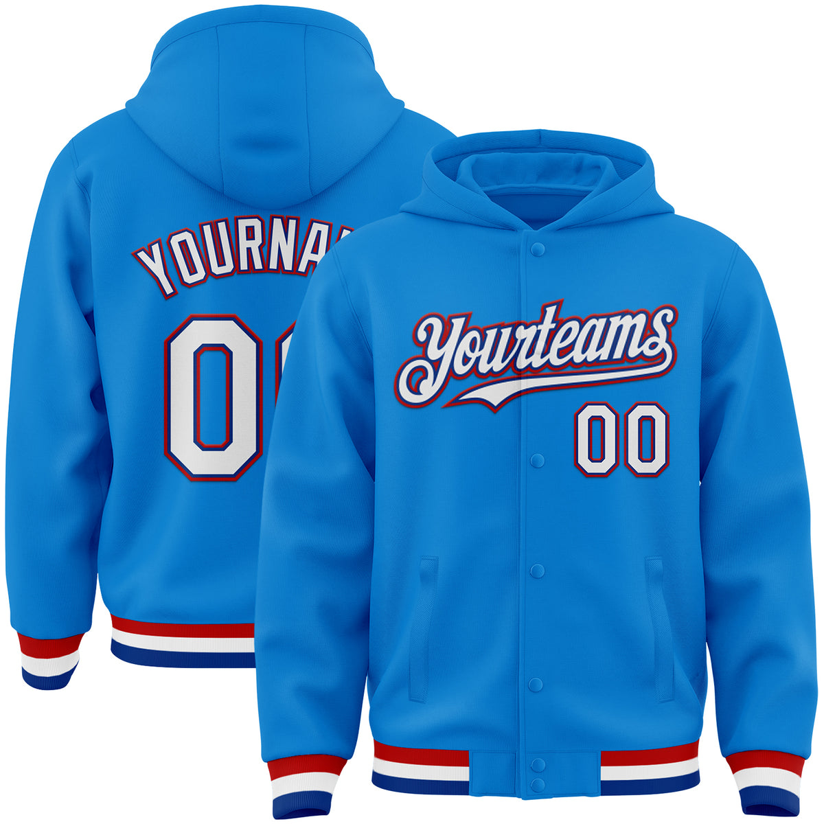Custom Powder Blue Royal-Red Bomber Full-Snap Varsity Letterman Hoodie ...