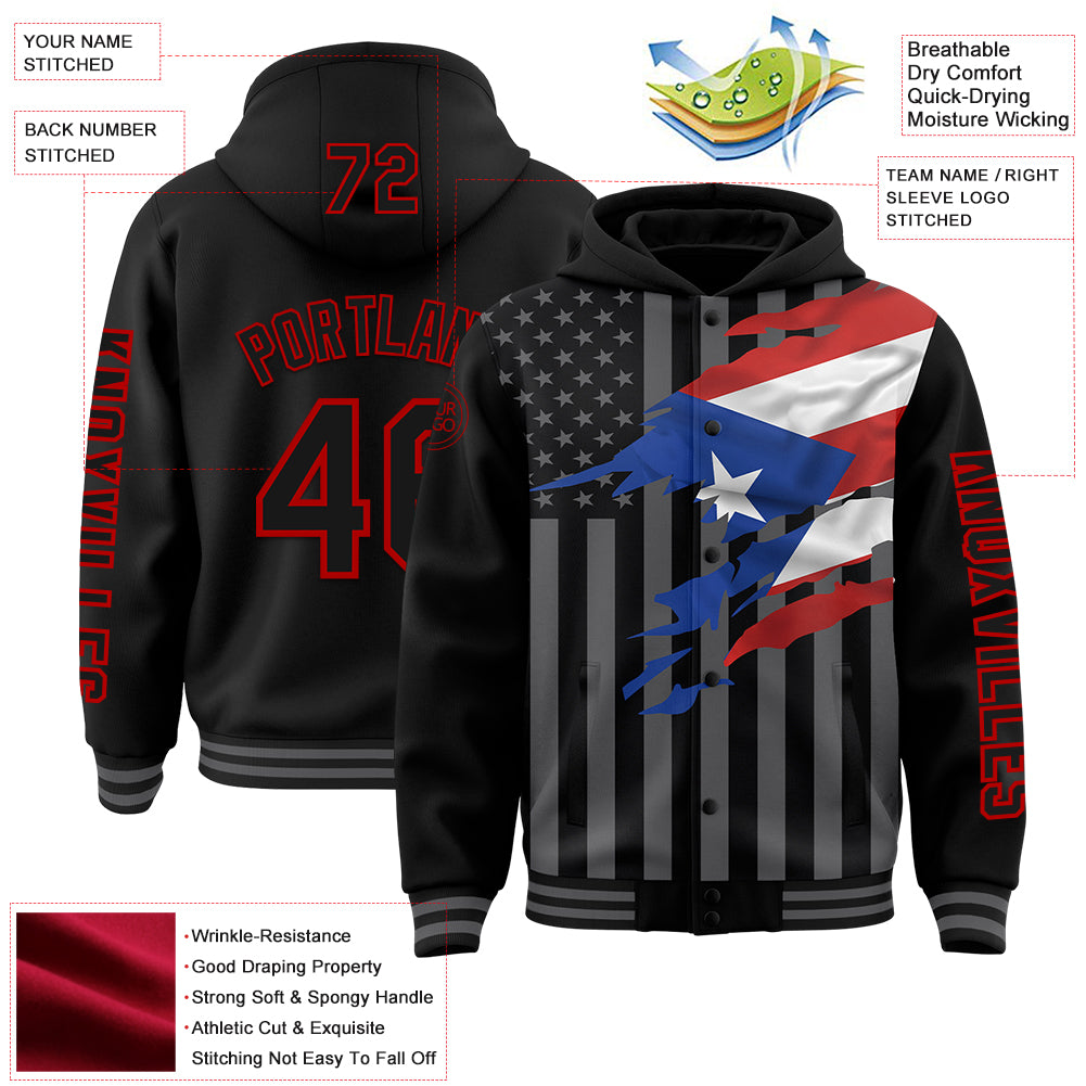 Custom Black Red-Gray Puerto Rico Puerto Rican Flag 3D Bomber Full-Snap ...