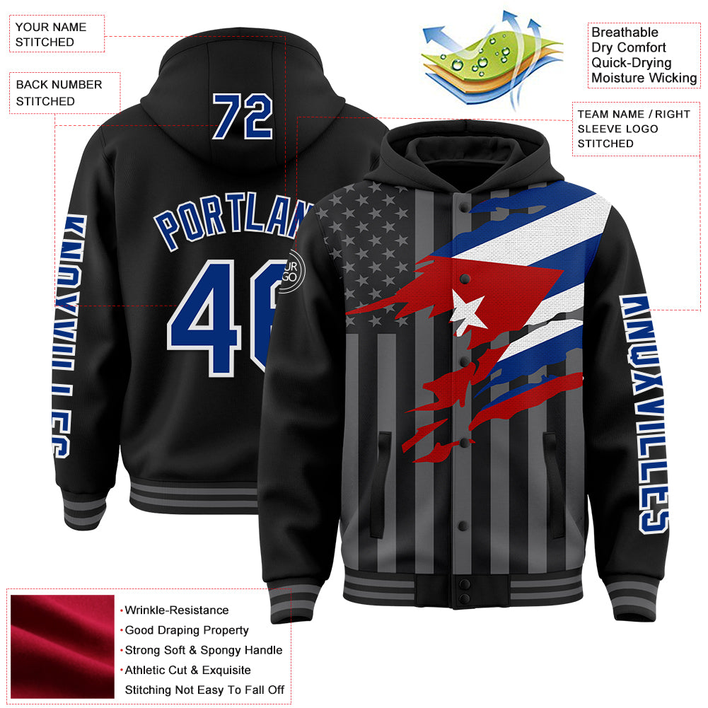 Custom Black Royal-Gray Cuba Cuban Flag 3D Bomber Full-Snap Varsity ...