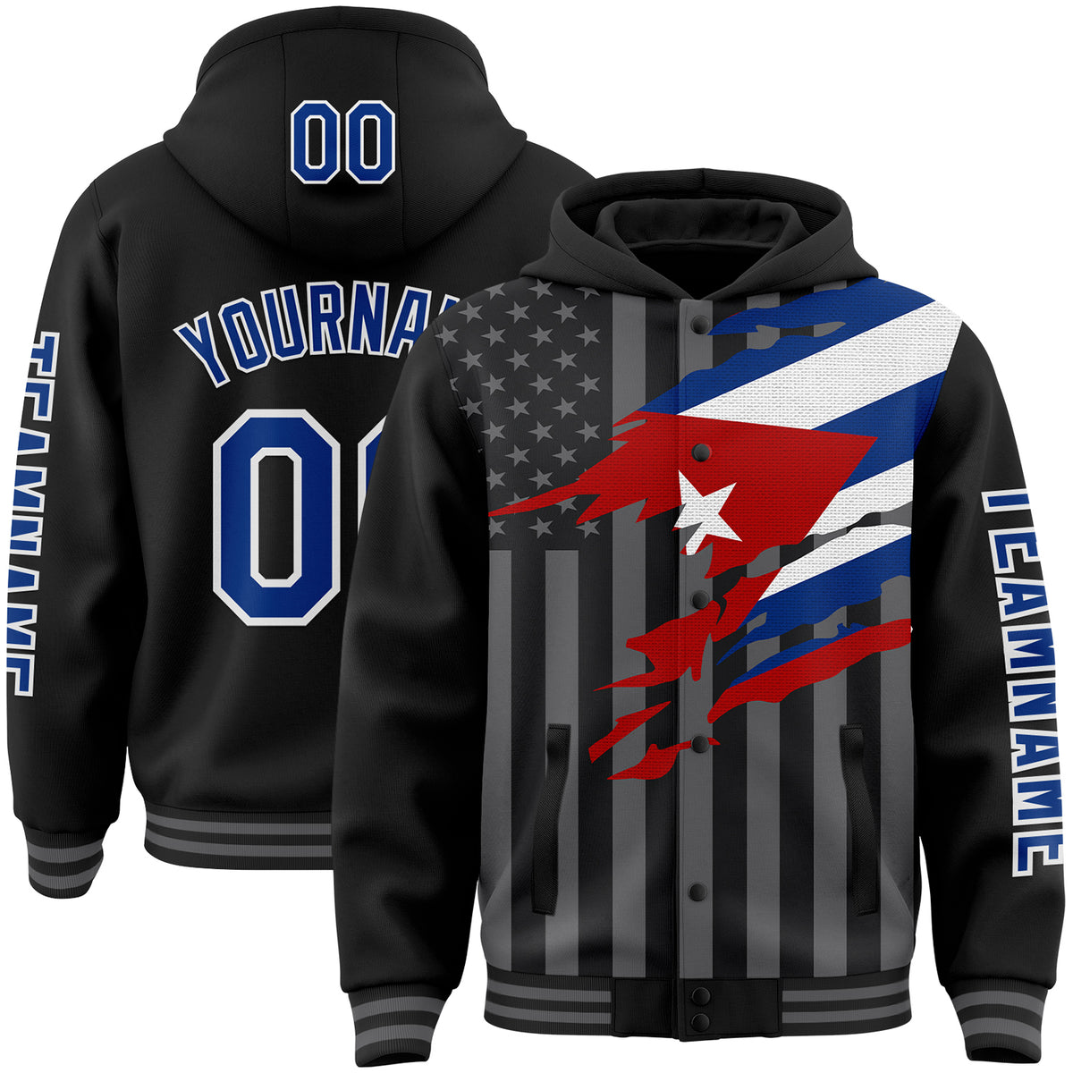 Custom Black Royal-Gray Cuba Cuban Flag 3D Bomber Full-Snap Varsity ...