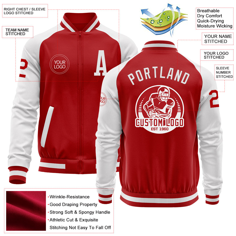 Custom Red White Bomber Varsity Letterman Two Tone Zipper Jacket Free ...