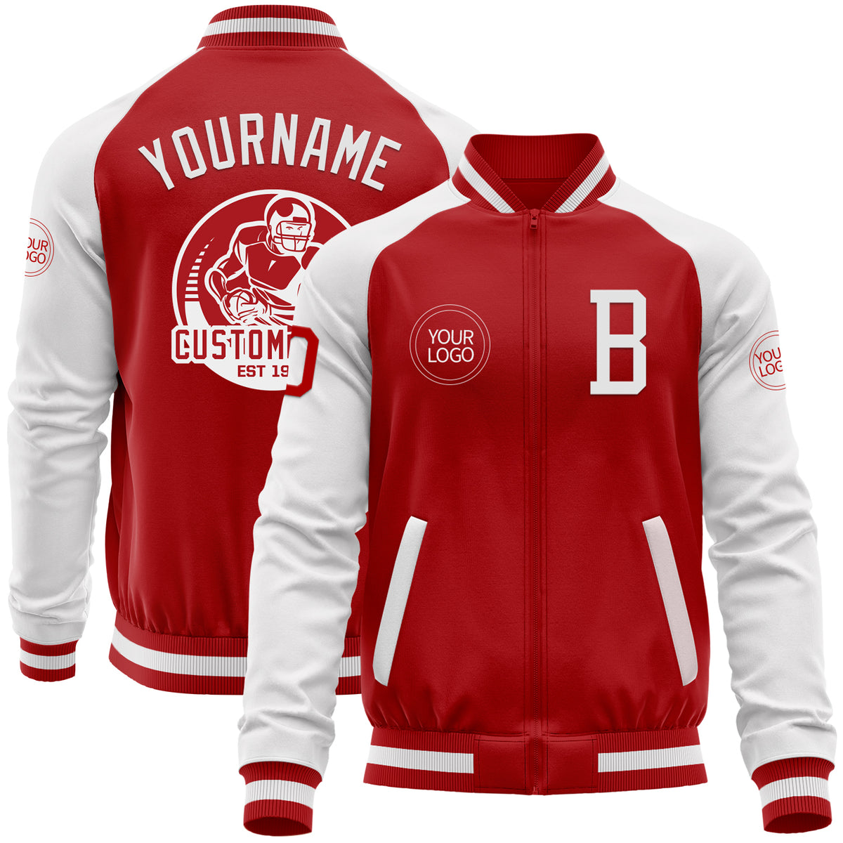 Custom Red White Bomber Varsity Letterman Two Tone Zipper Jacket Free ...