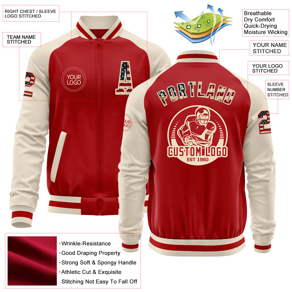 Custom Red Vintage USA Flag-Cream Bomber Varsity Letterman Two Tone ...