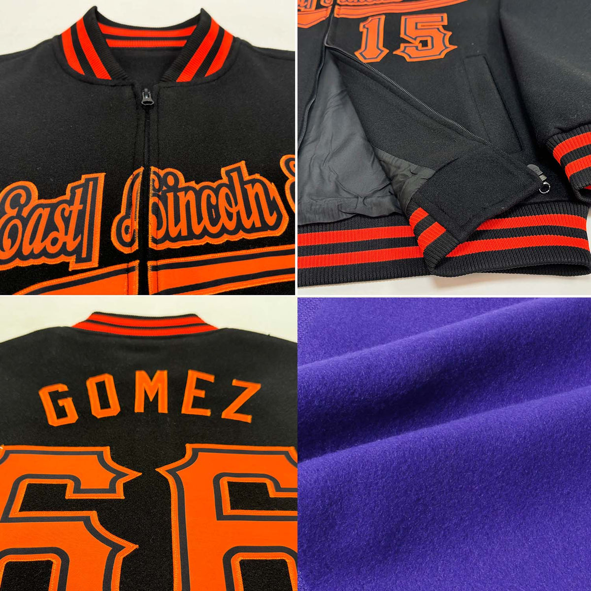 Custom Purple Black-Old Gold Bomber Varsity Letterman Zipper Jacket ...