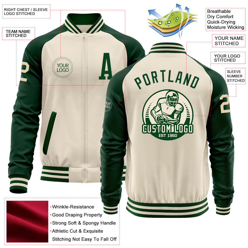 Custom Cream Green Bomber Varsity Letterman Two Tone Zipper Jacket Free ...