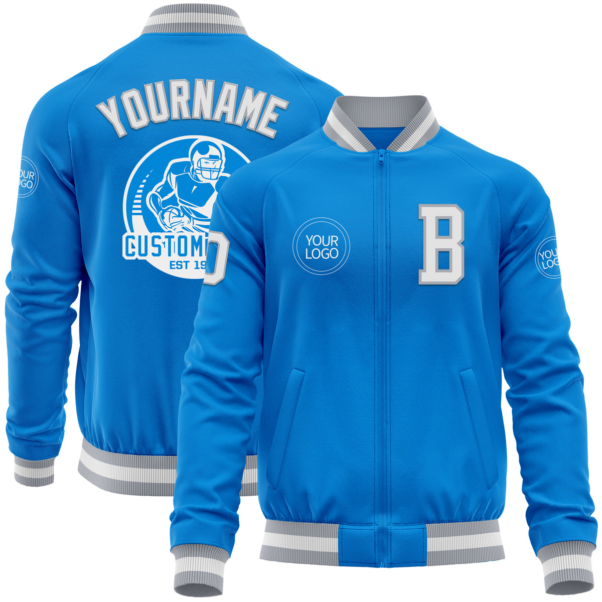 Custom Powder Blue White-Gray Bomber Varsity Letterman Zipper Jacket ...