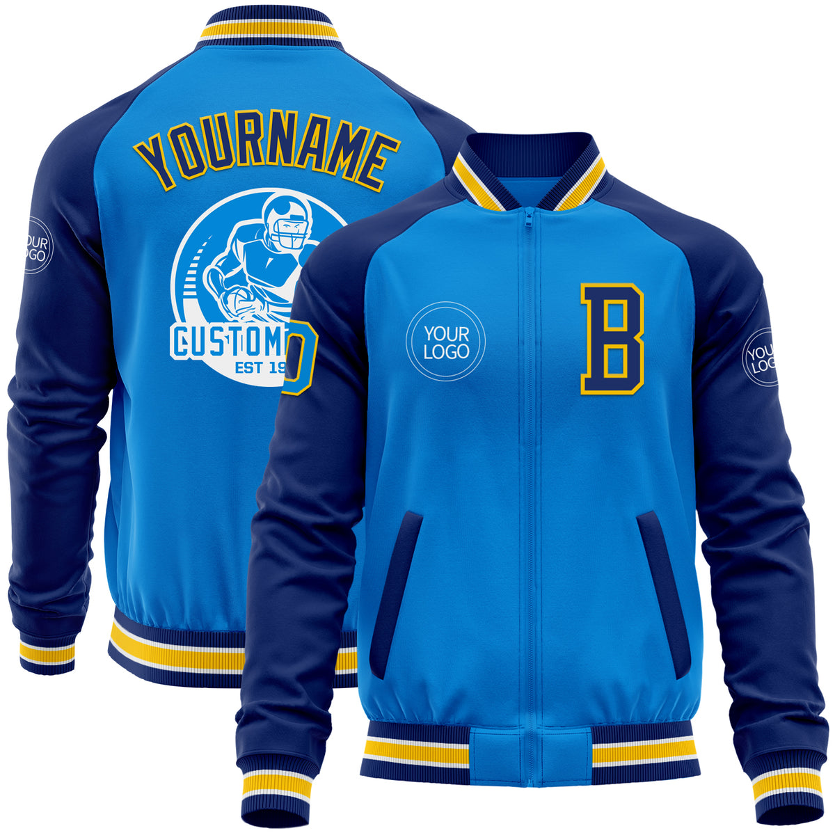 Custom Powder Blue Yellow-Royal Bomber Varsity Letterman Two Tone ...