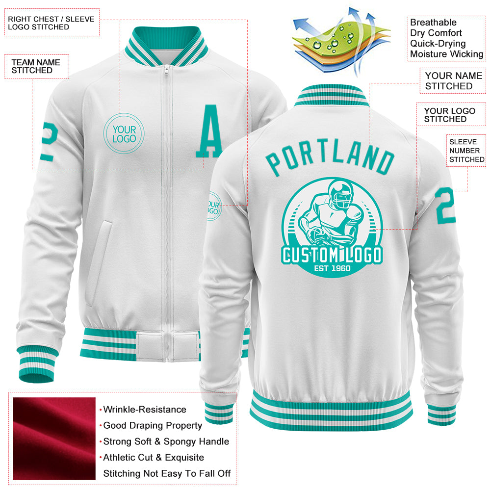 Custom White Aqua Bomber Varsity Letterman Zipper Jacket Free Shipping ...