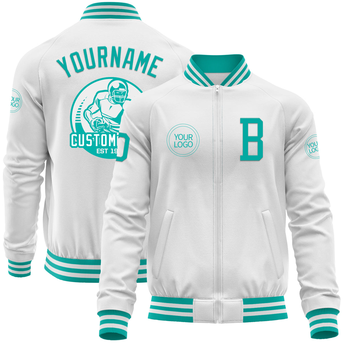 Custom White Aqua Bomber Varsity Letterman Zipper Jacket Free Shipping ...