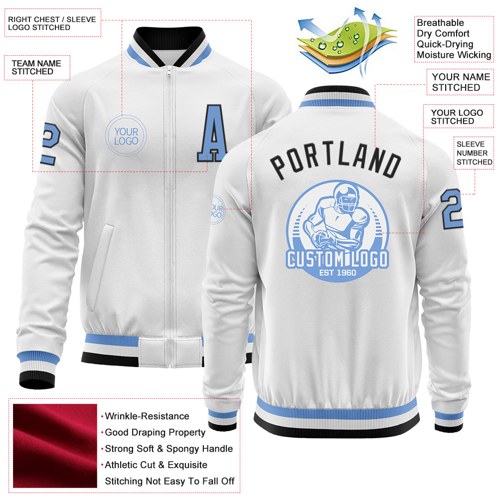Custom White Light Blue-Black Bomber Varsity Letterman Zipper Jacket ...