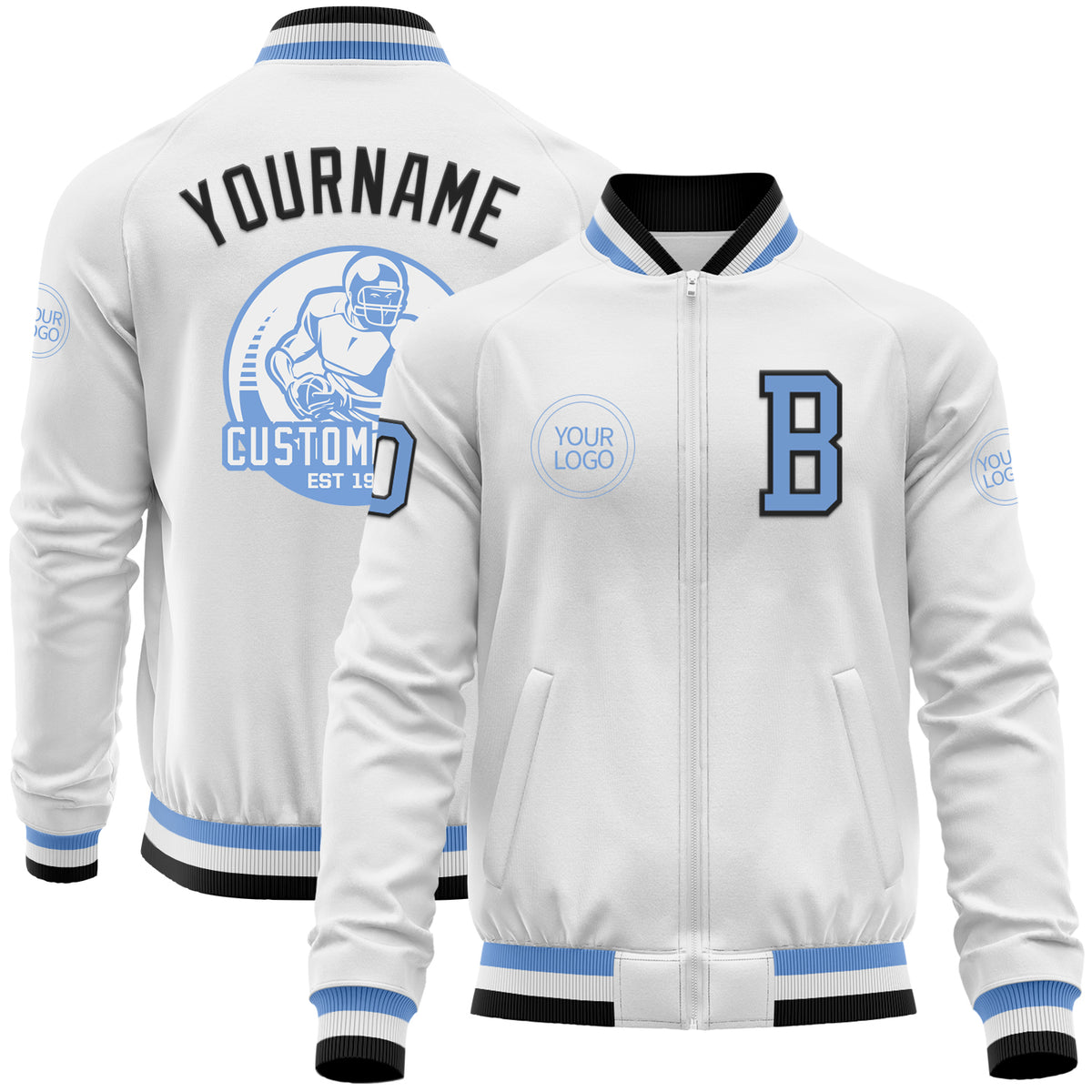 Custom White Light Blue-Black Bomber Varsity Letterman Zipper Jacket ...