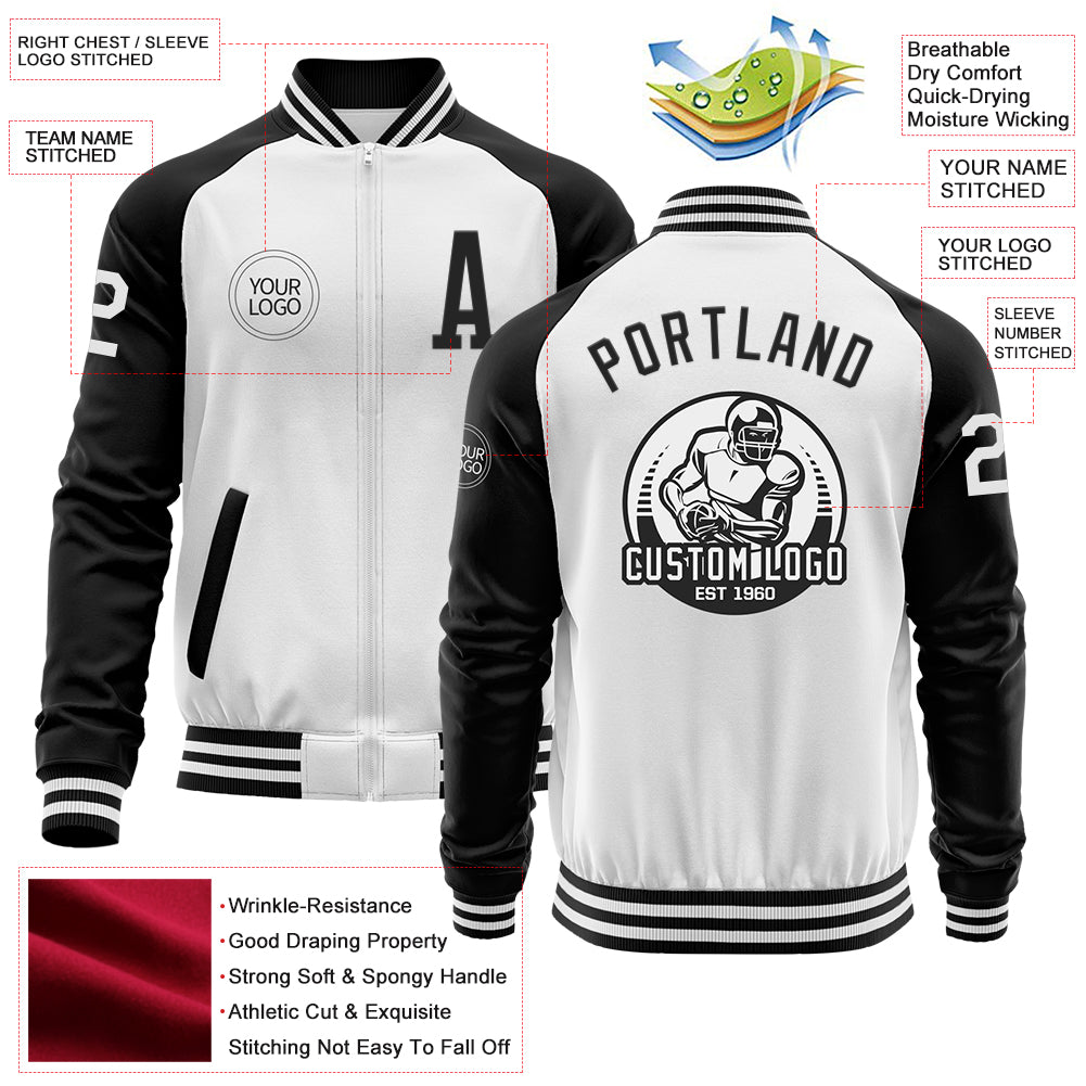 Custom White Black Bomber Varsity Letterman Two Tone Zipper Jacket Free ...