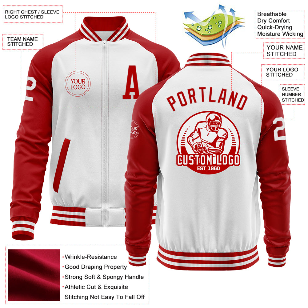 Custom White Red Bomber Varsity Letterman Two Tone Zipper Jacket Free ...