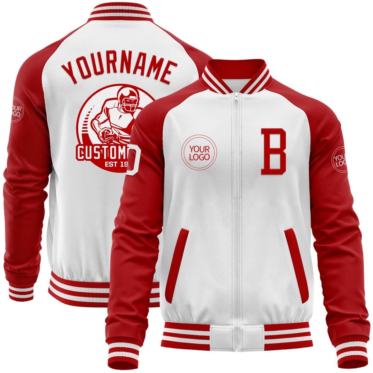 Custom White Red Bomber Varsity Letterman Two Tone Zipper Jacket Free ...