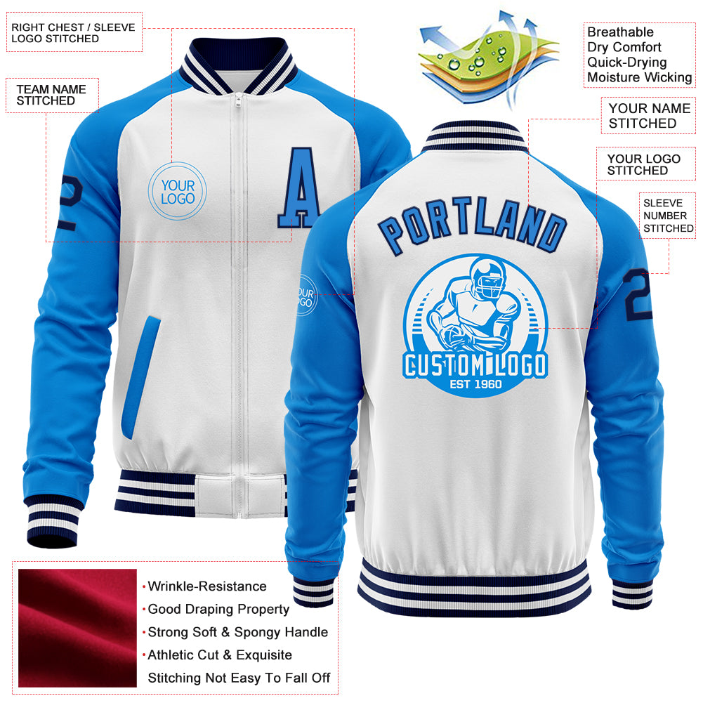 Custom White Navy-Powder Blue Bomber Varsity Letterman Two Tone Zipper ...