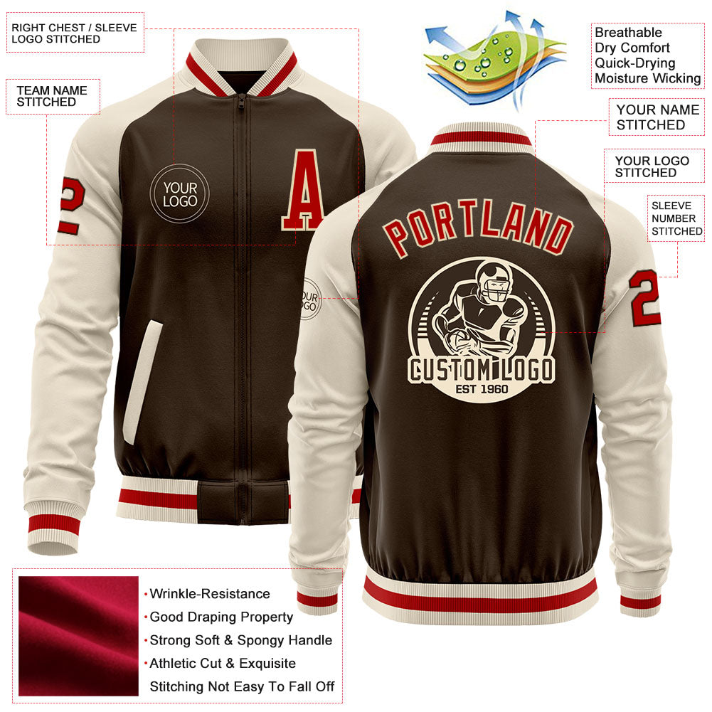 Custom Brown Red-Cream Bomber Varsity Letterman Two Tone Zipper Jacket ...
