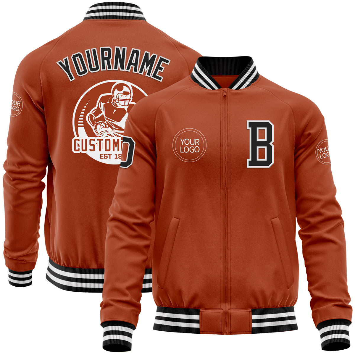 Custom Texas Orange Black-White Bomber Varsity Letterman Zipper Jacket ...