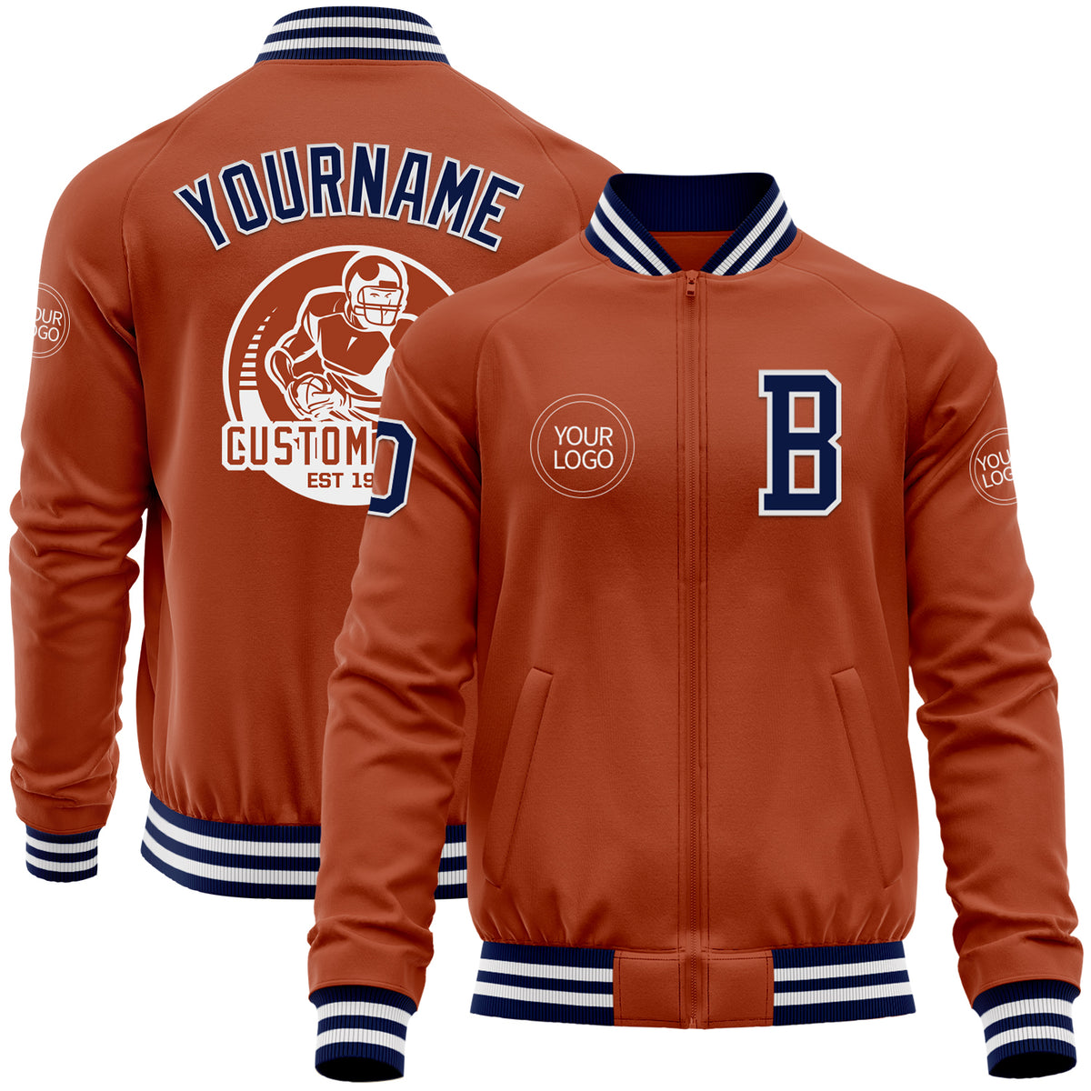 Custom Texas Orange Navy-White Bomber Varsity Letterman Zipper Jacket ...