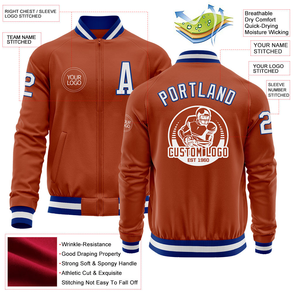 Custom Texas Orange White-Royal Bomber Varsity Letterman Zipper Jacket ...