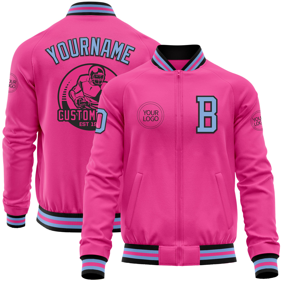 Custom Pink Light Blue-Black Bomber Varsity Letterman Zipper Jacket ...