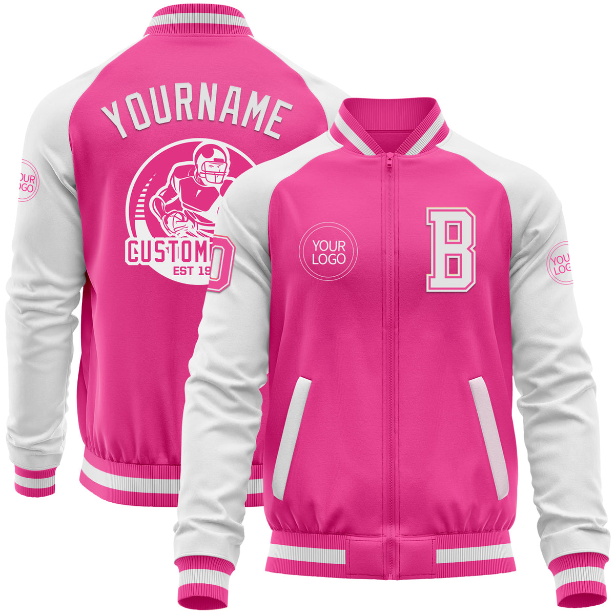 Custom Pink White Bomber Varsity Letterman Two Tone Zipper Jacket Free ...