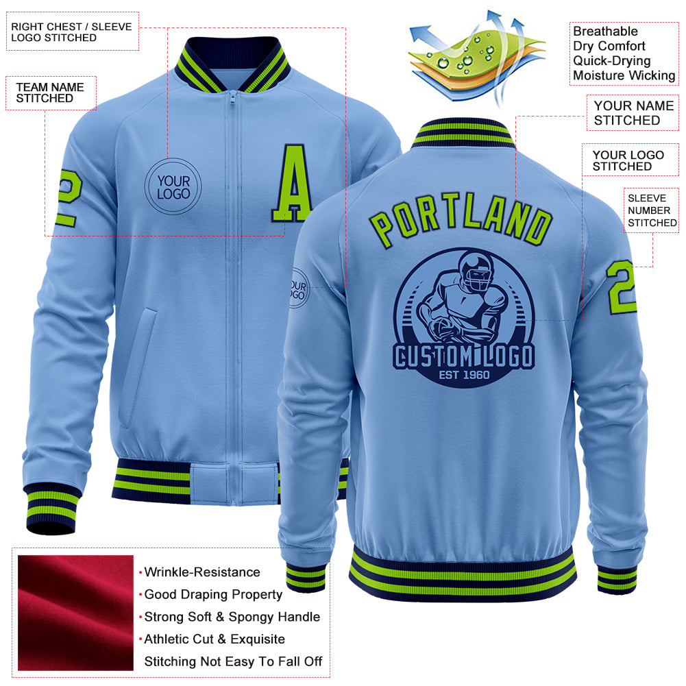 Custom Light Blue Neon Green-Navy Bomber Varsity Letterman Zipper ...