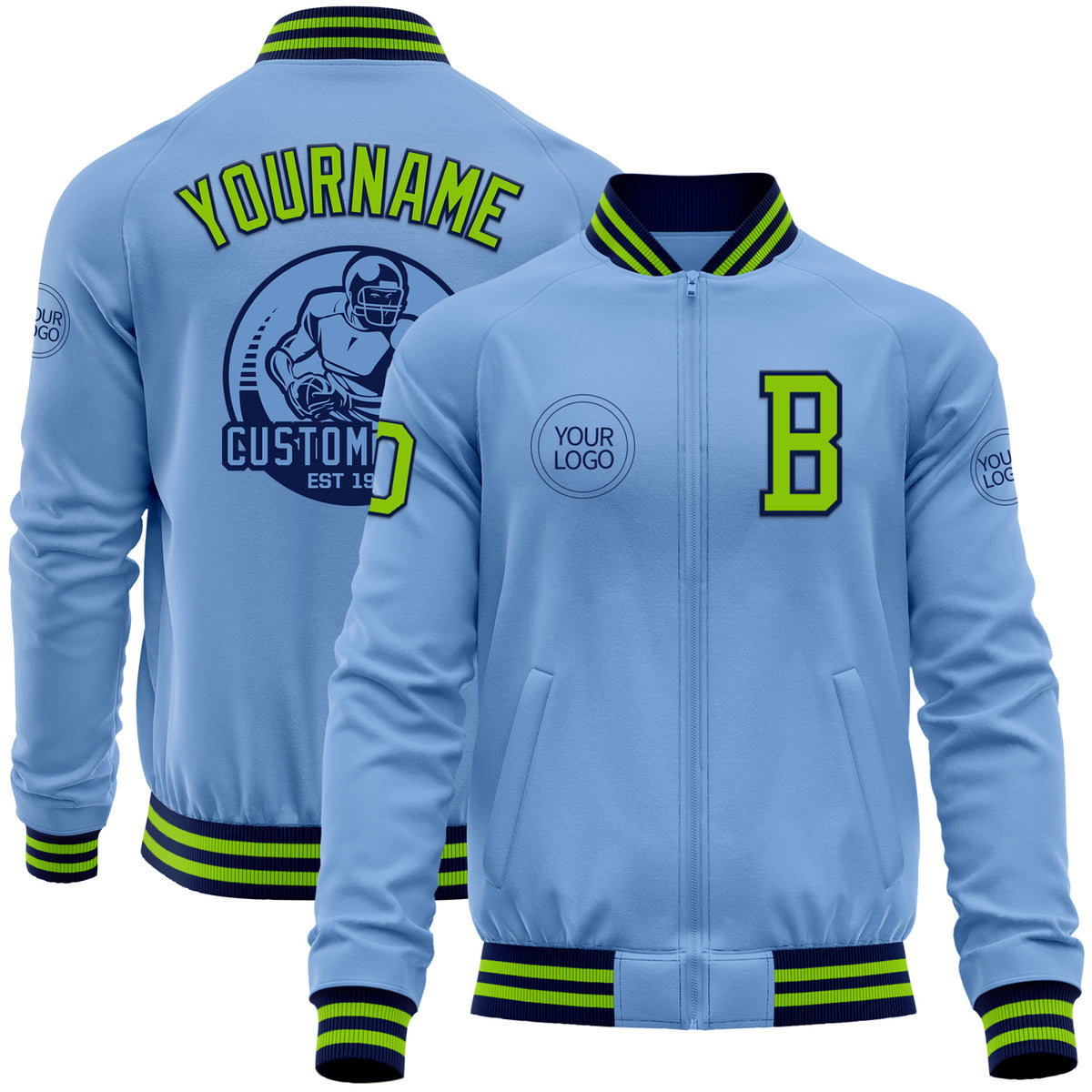 Custom Light Blue Neon Green-Navy Bomber Varsity Letterman Zipper ...
