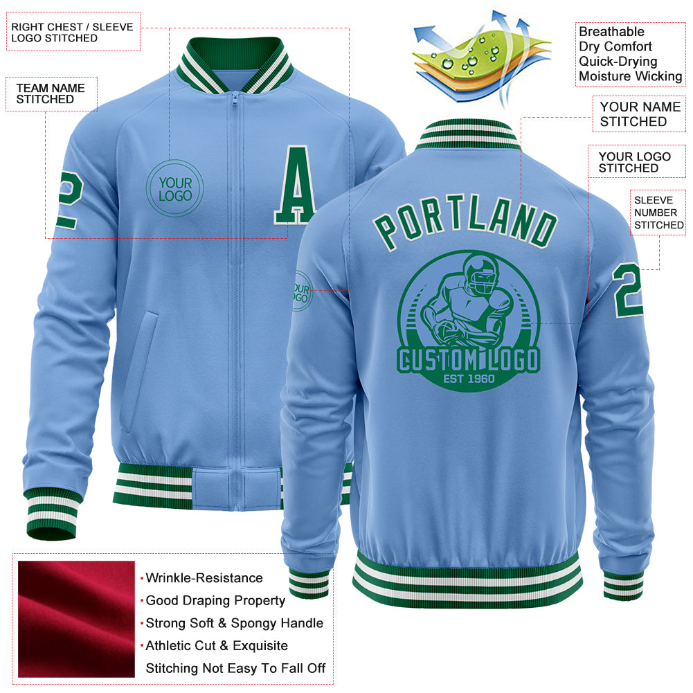 Custom Light Blue Kelly Green-White Bomber Varsity Letterman Zipper ...