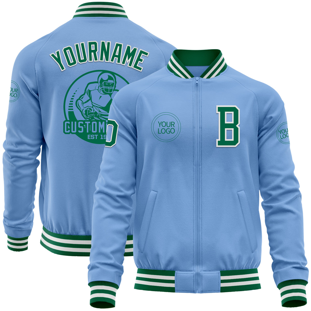 Custom Light Blue Kelly Green-White Bomber Varsity Letterman Zipper ...