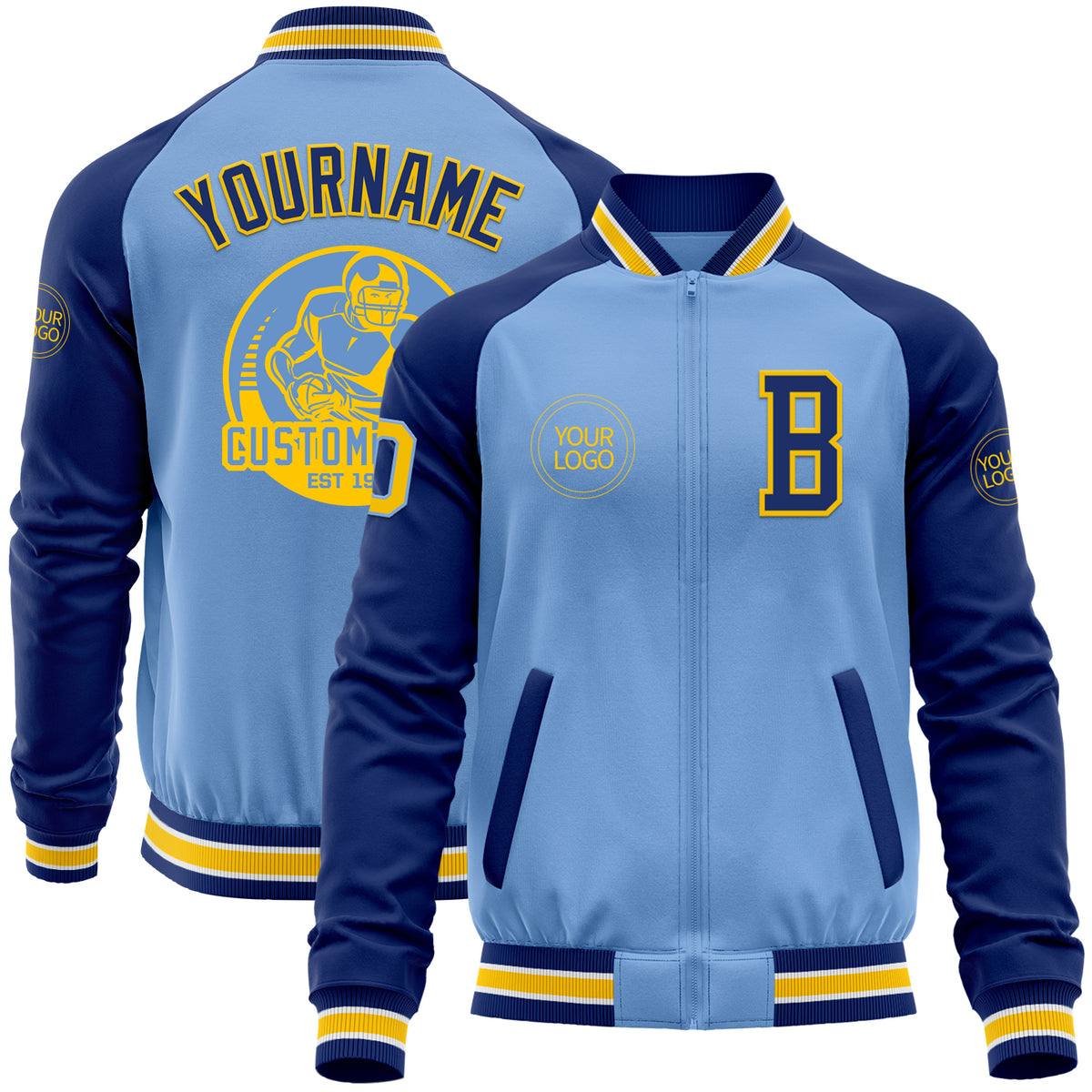 Custom Light Blue Yellow-Royal Bomber Varsity Letterman Two Tone Zipper ...